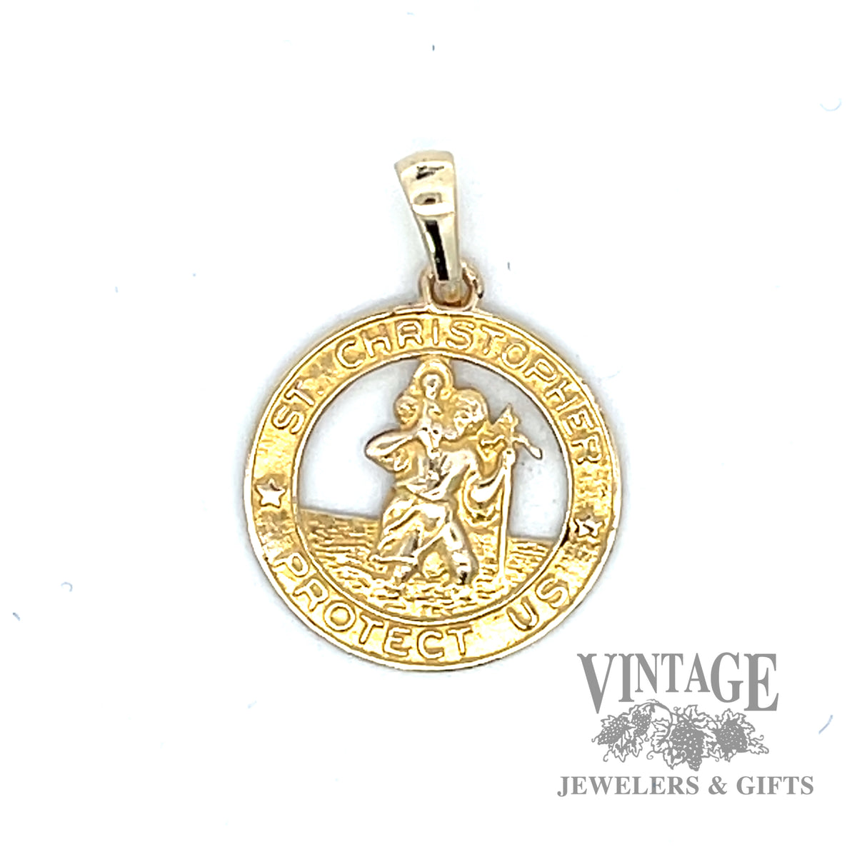 St. Christopher 13k gold pierced pendant — Vintage Jewelers & Gifts, LLC.