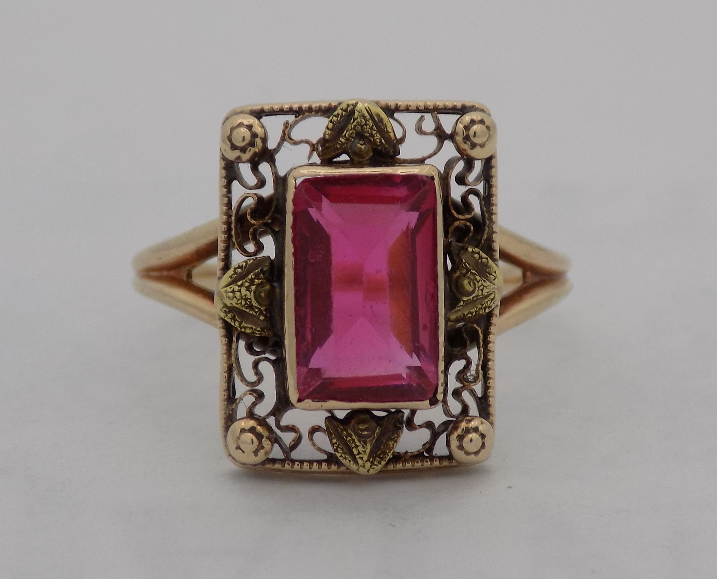 Yellow gold synthetic ruby antique ring — Vintage Jewelers & Gifts, LLC.